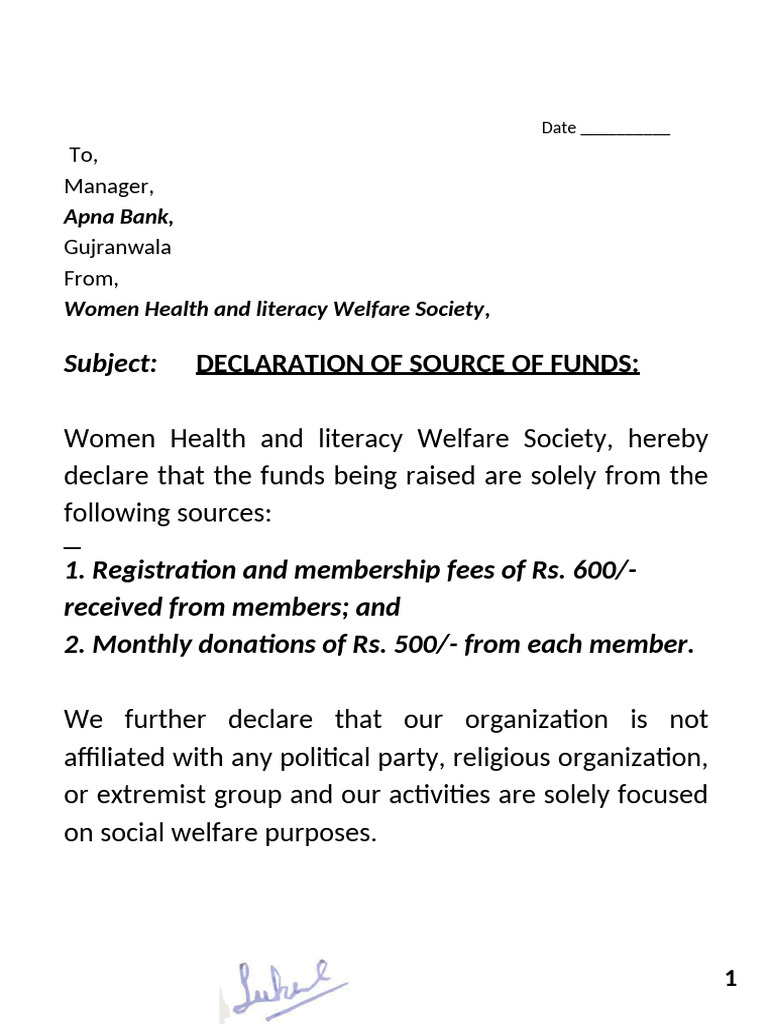 Declaration of Fund Sources for Welfare Society | PDF