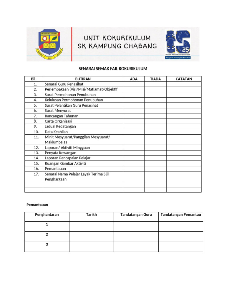 SENARAI SEMAK FAIL KOKURIKULUM | PDF