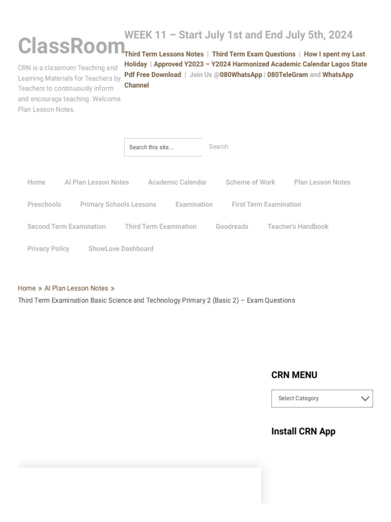 Primary 2 Third Term Basic Science Exam | PDF | Teachers | Disciplines
