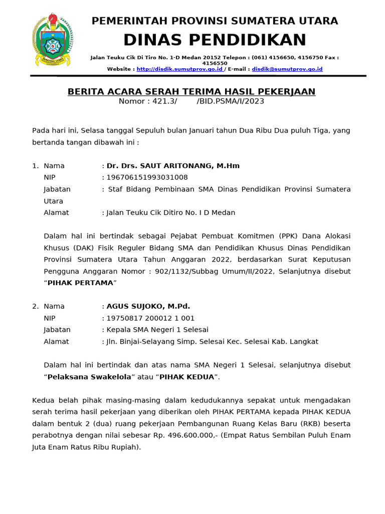 Berita Acara Serah Terima Hasil Pekerjaan RKB 2022 | PDF