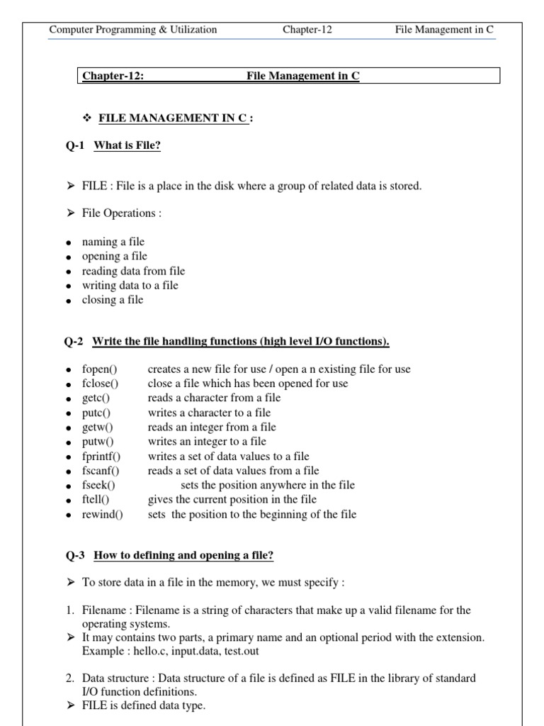 Chapter-12: File Management in C | PDF | Computer File | C (Programming ...