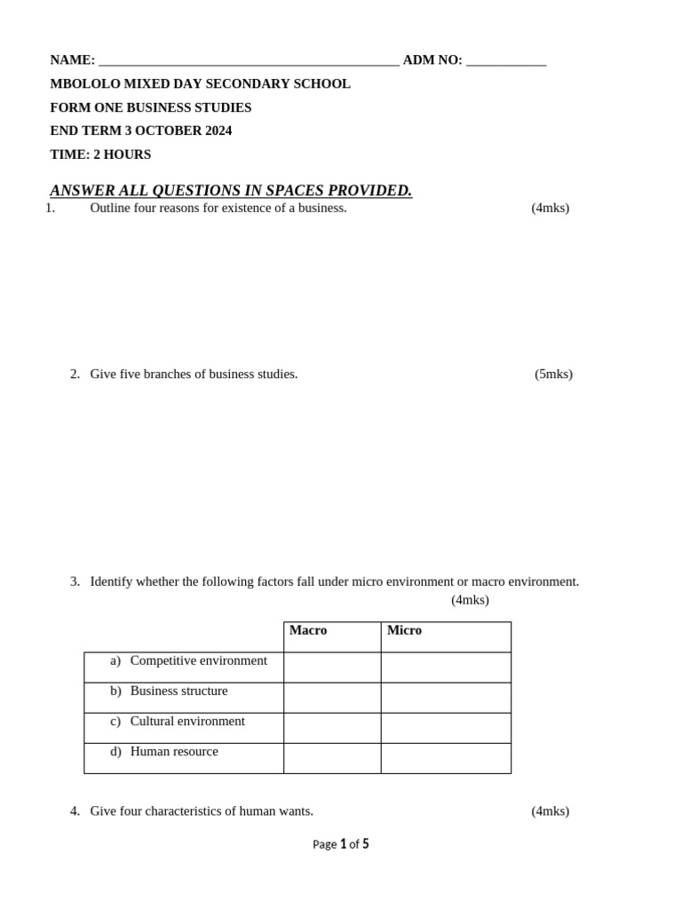 Form One Business Studies Exam Guide | PDF | Economics | Retail