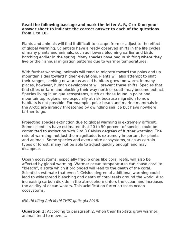 Read the following passage and mark the letter A, B, C, or D to indicate the correct answer ...