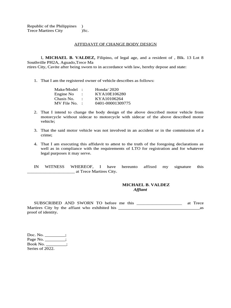 Affidavit of Change of Body Design MICHAEL B. VALDEZ. | PDF
