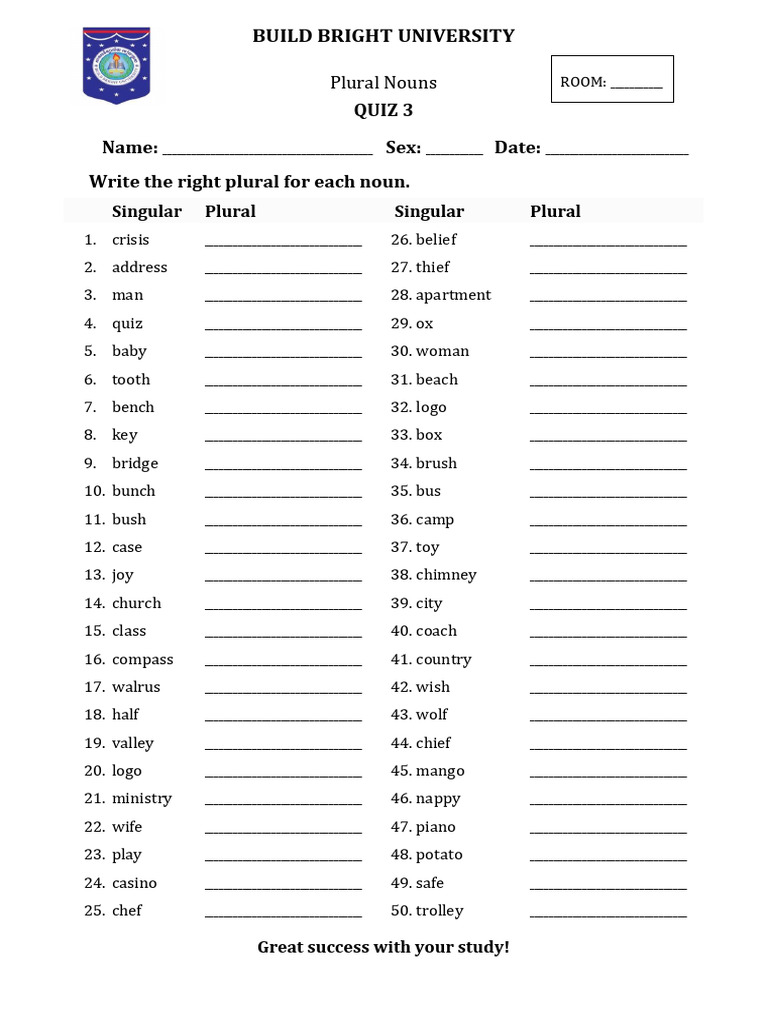 3 QUIZ 3 Plural Nouns | PDF | Plural | Syntactic Relationships
