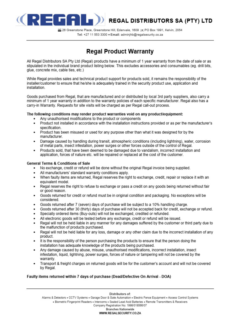 Regal Product Warranty 2023 | PDF | Access Control | Rechargeable Battery