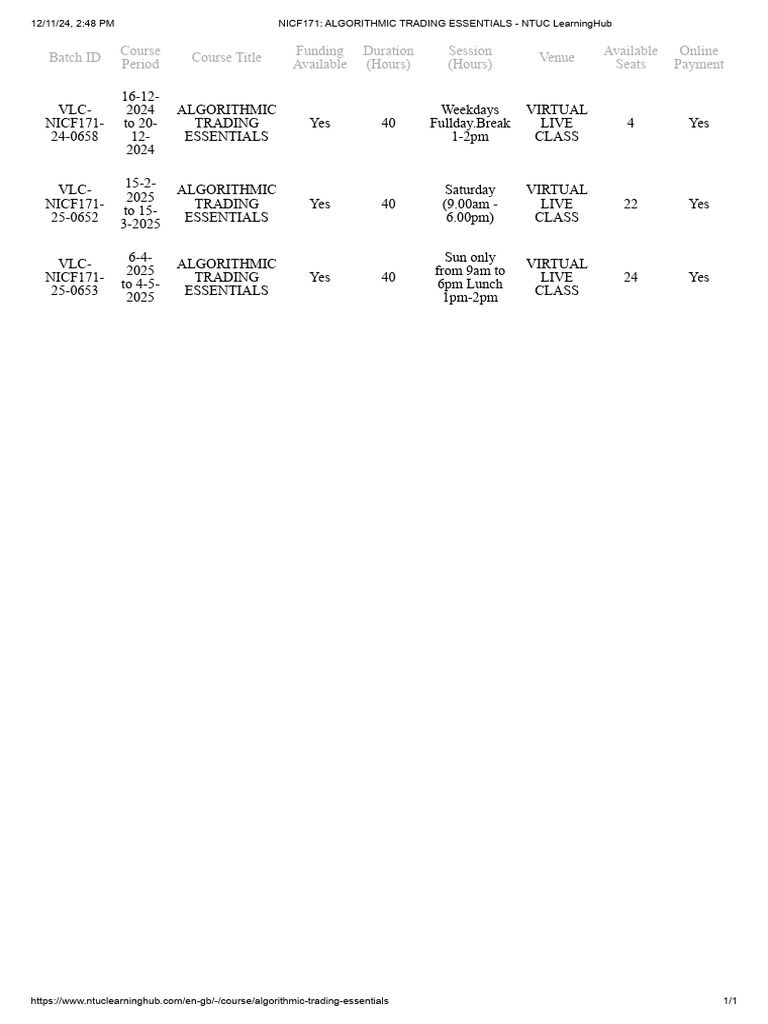 NICF171 - ALGORITHMIC TRADING ESSENTIALS - NTUC LearningHub | PDF