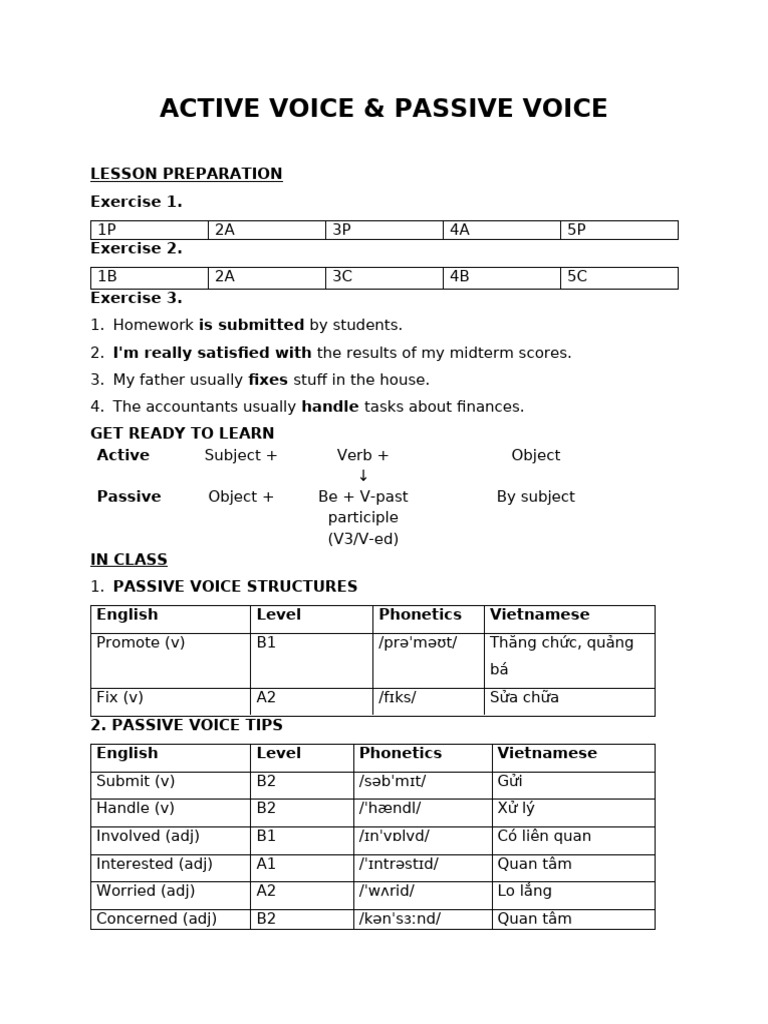 Answer Key - Reading 4. Active Voice & Passive Voice | PDF