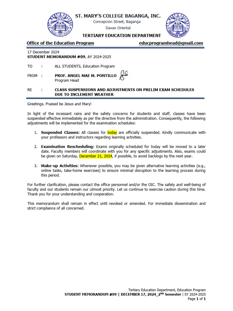 EDUC Student-Memo09 12.17.2024 | PDF