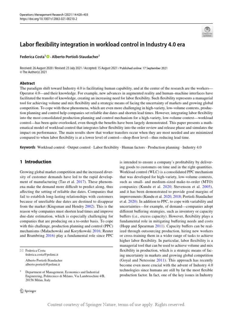 Labor Flexibility Integration in Workload Control in Industry 4.0 Era ...