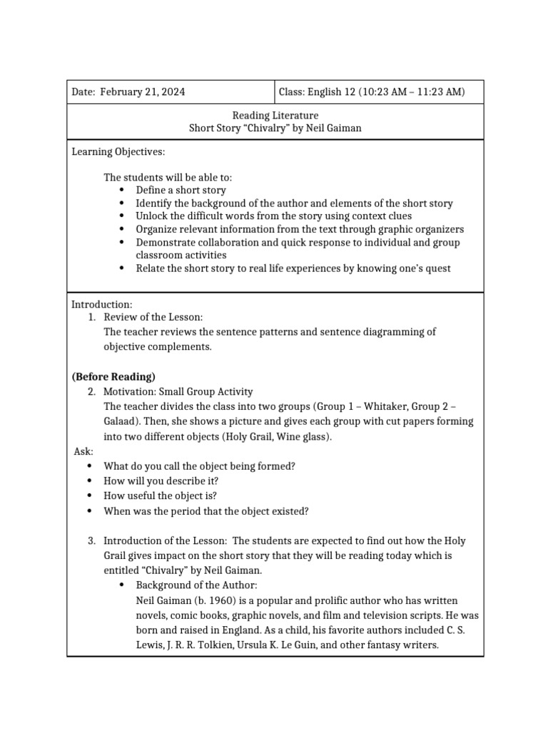 Neil Gaiman's "Chivalry" Lesson Plan | PDF | Galahad | Quest