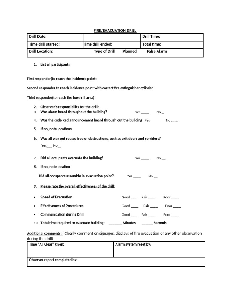 Fire Evacuation Drill Report Template | PDF | Emergency Evacuation ...