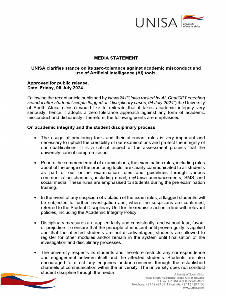 Media Statement - Unisa clarifies stance on its zero-tolerance on ...