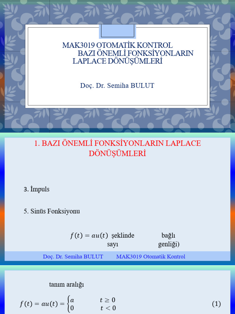 Hafta 11 Bazı Önemli Fonksiyonların Laplace Dönüşümü | PDF