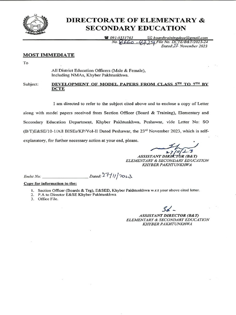 Model Papers Class 5th to 7th By DCTE | PDF