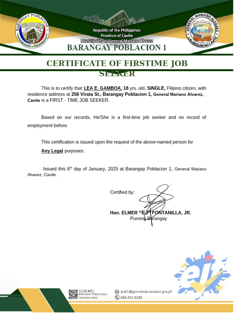 Certificate for First-Time Job Seeker | PDF