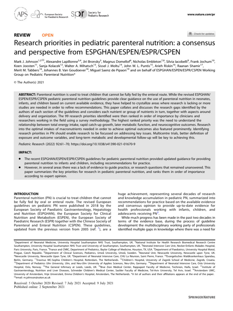 ESPGHAN ESPEN ESPR CSPEN Guidelines On Pediatric Parenteral | PDF ...