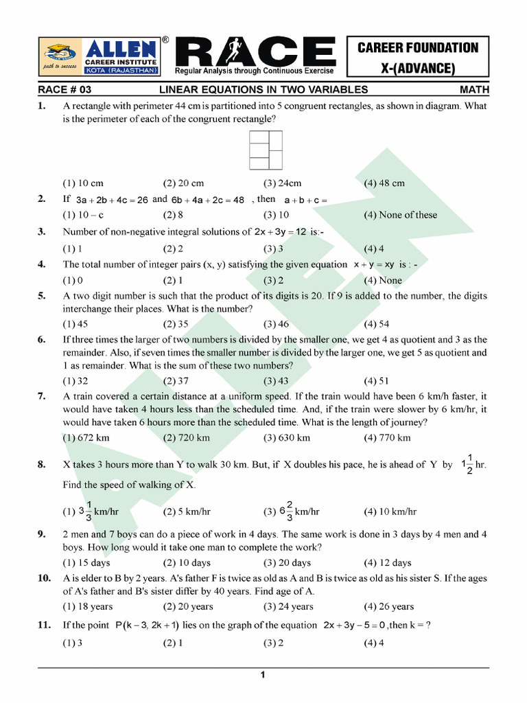 Race # 3. LINEAR EQUATIONS IN TWO VARIABLES | PDF