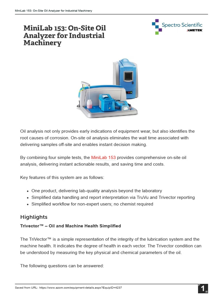 MiniLab 153 On Site Oil Analyzer For Industrial Machinery | PDF