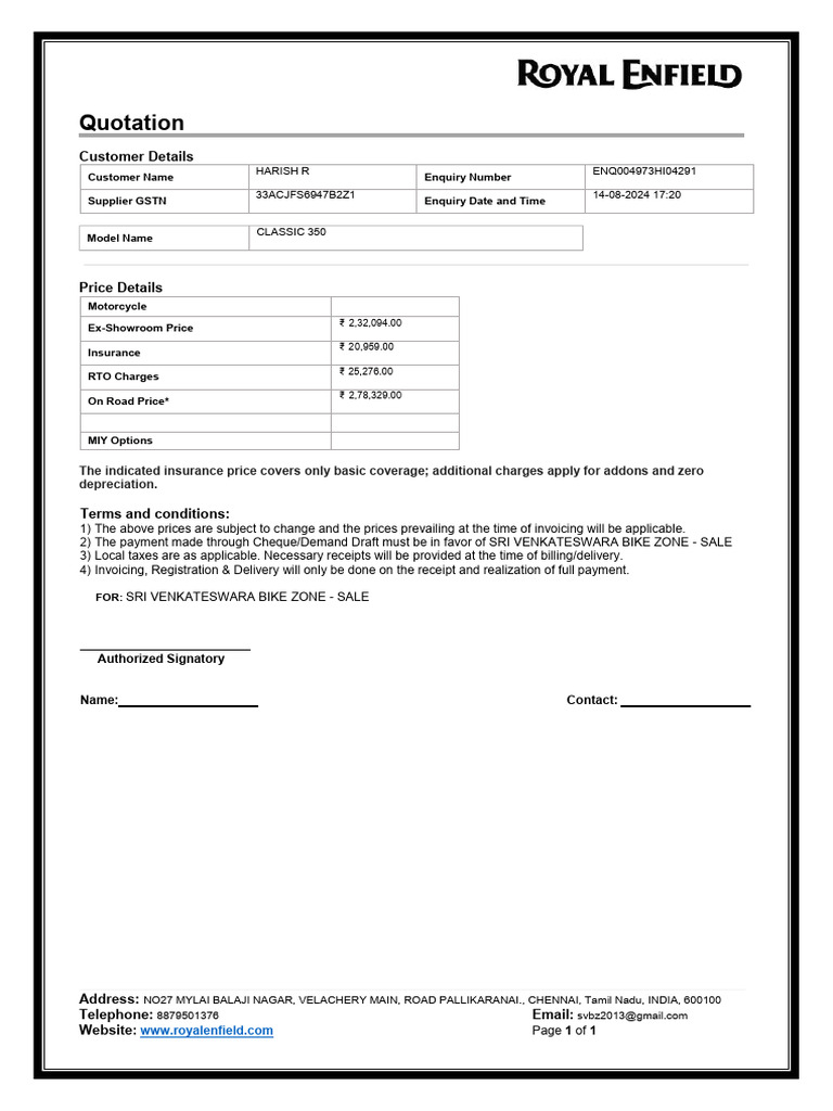 Classic 350 Motorcycle Quotation Details | PDF