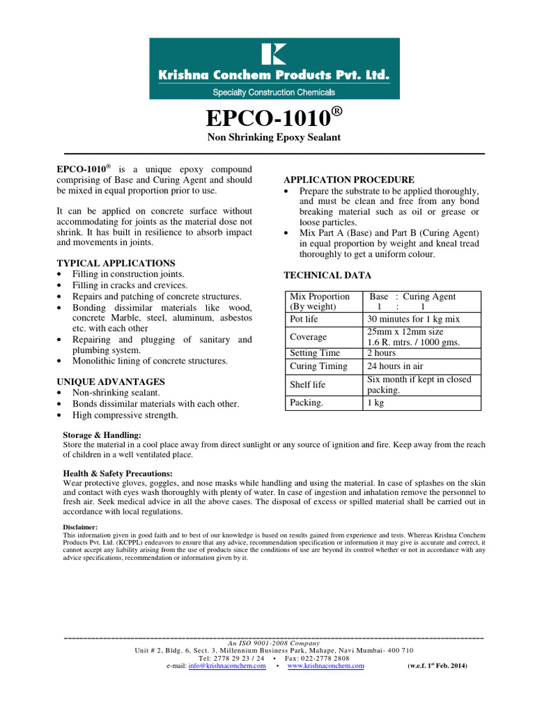 EPCO 1010 Epoxy Sealant | PDF | Concrete | Epoxy