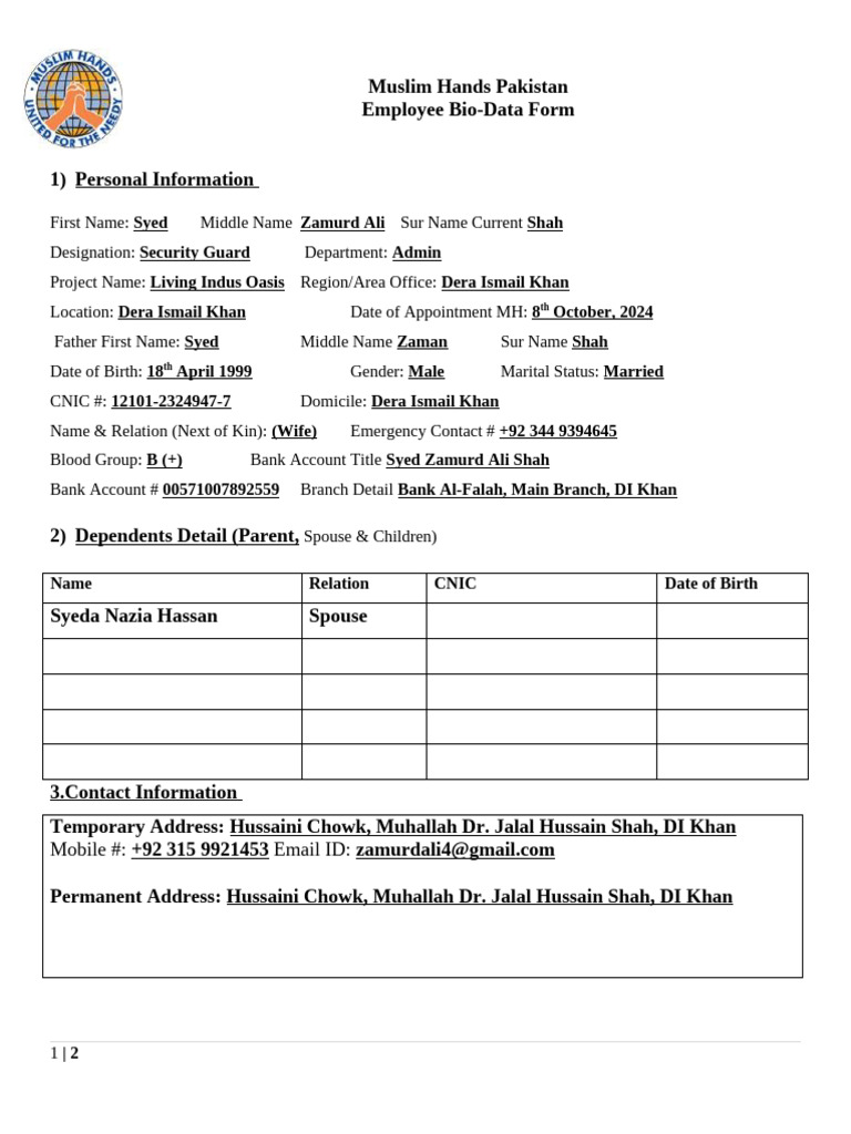 MH Employee Biodata Form (Syed Zamurd Ali Shah) | PDF | Pakistan
