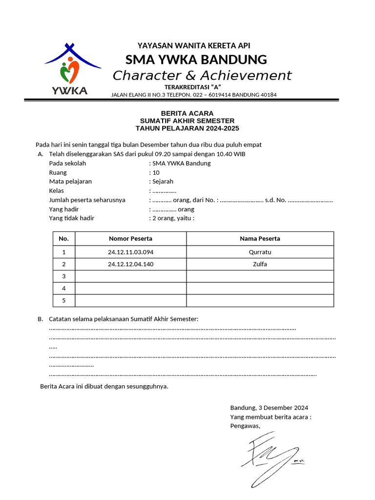 Laporan SAS Sejarah SMA YWKA 2024 | PDF