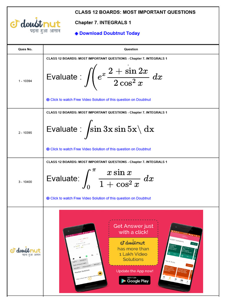 XII - MIQ - Chapter 7 1 INTEGRALS 1 | PDF