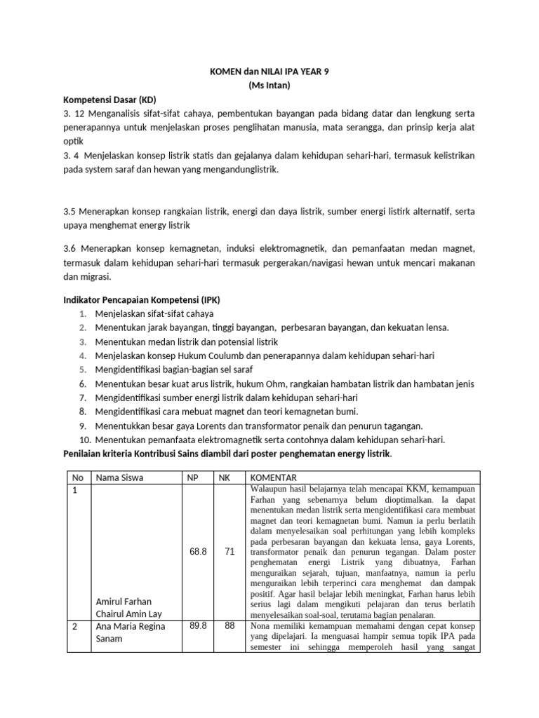 KOMEN dan NILAI IPA YEAR 9 2023 revised VI | PDF