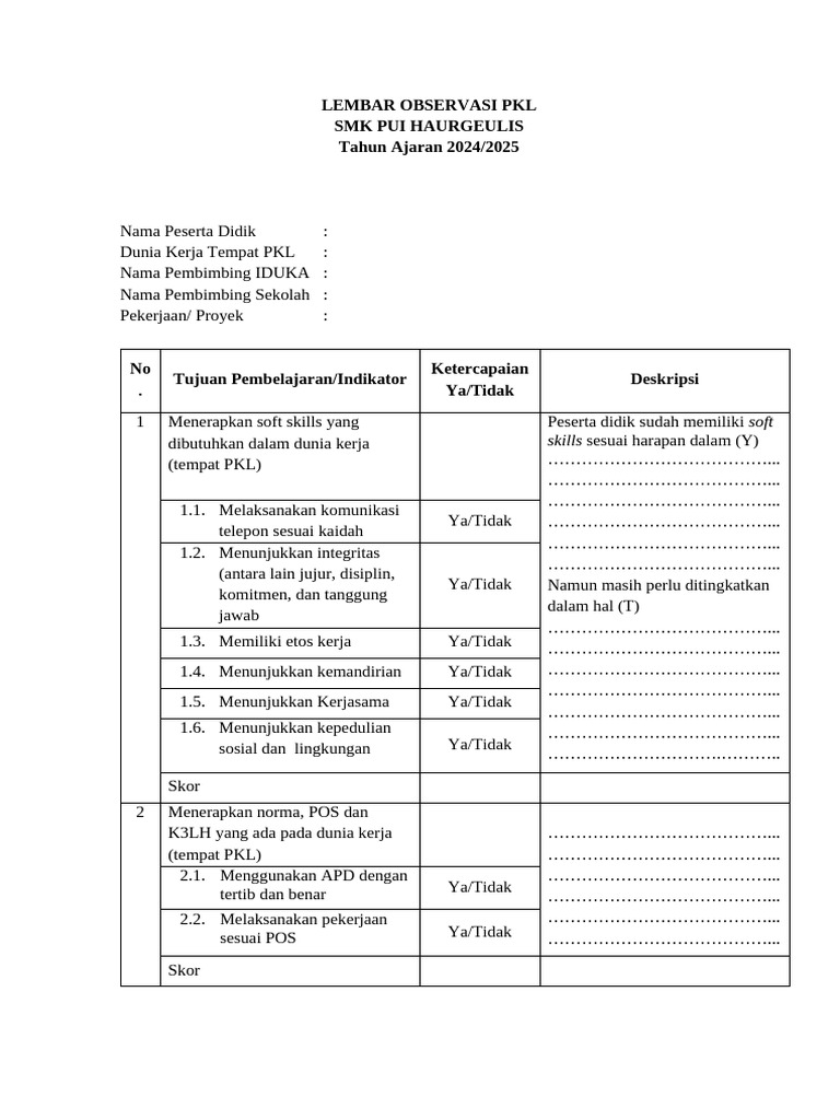 Lembar Observasi Dan Daftar Nilai PKL - 2024 | PDF