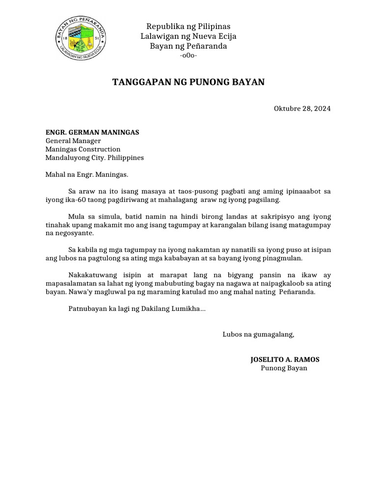 Liham Pagbati Engr. Maningas | PDF