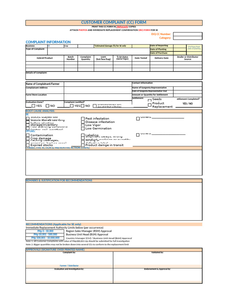 Customer Complaint Form for Seed Issues | PDF | Seed | Sowing