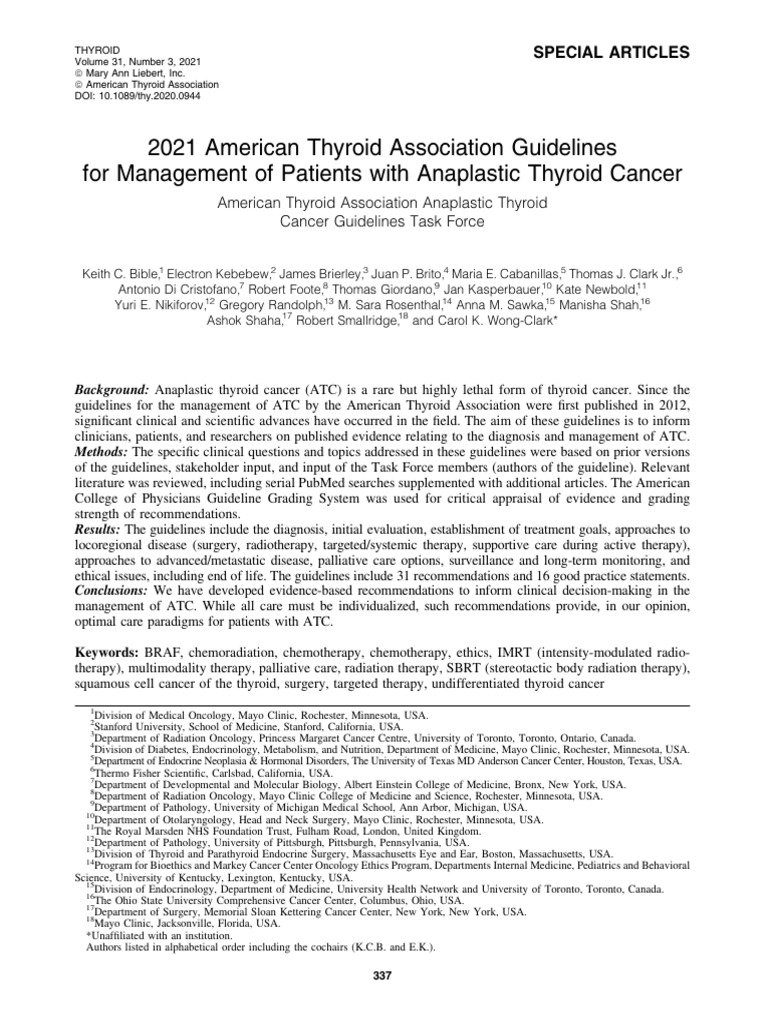 ATA 2021 Anaplastic Thyroid Cancer Guidelines | PDF | Metastasis | Clinical Medicine