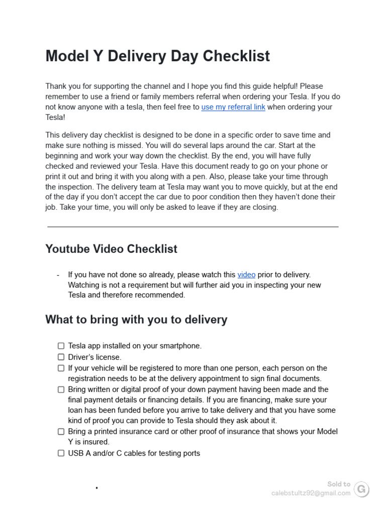 Model Y Delivery Day Checklist | PDF | Trunk (Car) | Door