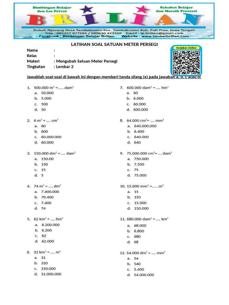 Soal Mengubah Satuan Meter Persegi Lembar 2 | PDF