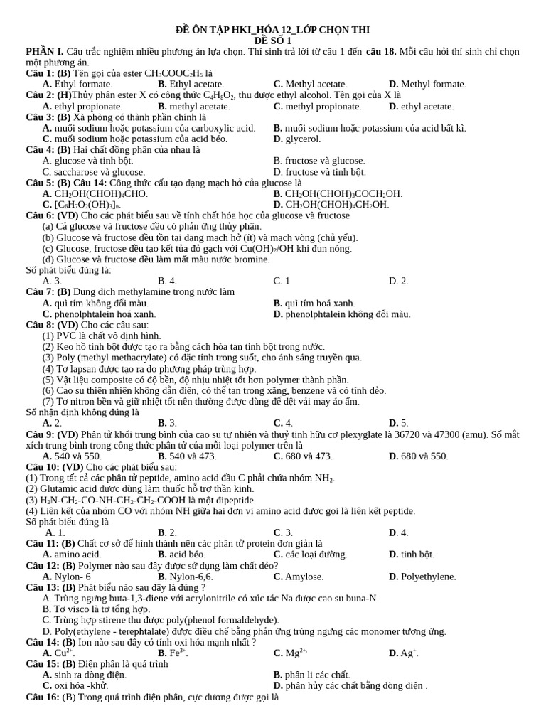 ĐỀ ÔN TẬP THI HKI HÓA 12 - CHỌN THI | PDF