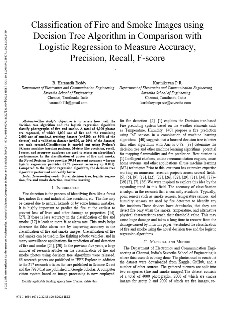 Classification of Fire and Smoke Images Using Decision Tree Algorithm in Comparison With ...