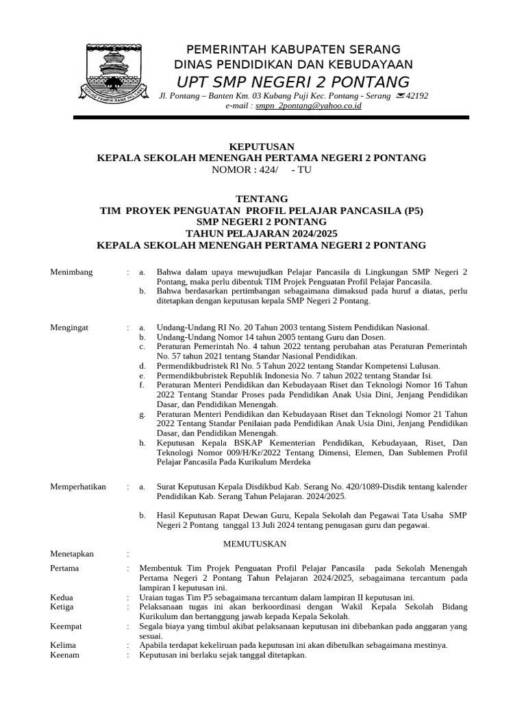 Tim P5 SMP Negeri 2 Pontang 2024/2025 | PDF
