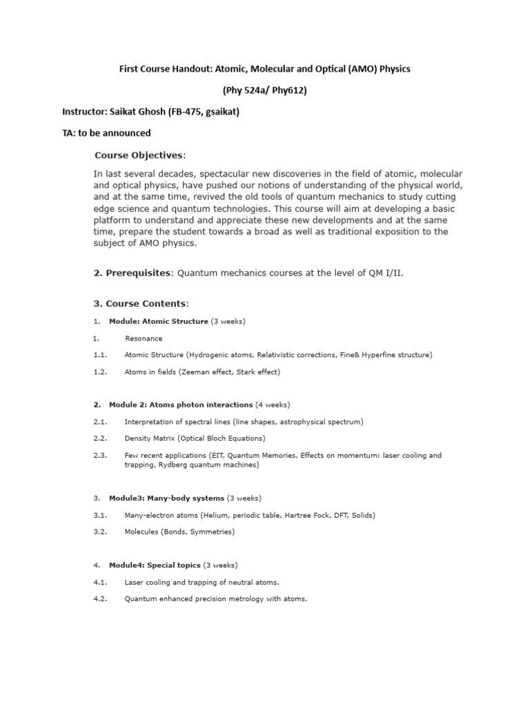 First Course Handout - PHY 612 | PDF | Atomic | Atoms