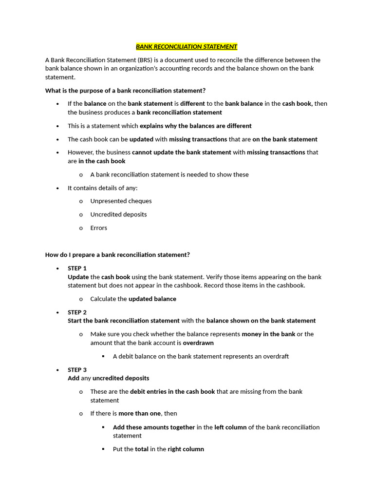 Bank Reconciliation - Notes + Format | PDF | Cheque | Banks