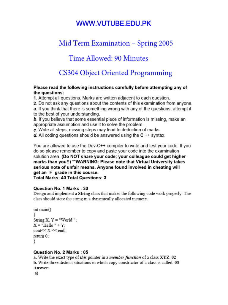 Object Oriented Programming Cs304 Spring 2005 Mid Term Paper Pdf