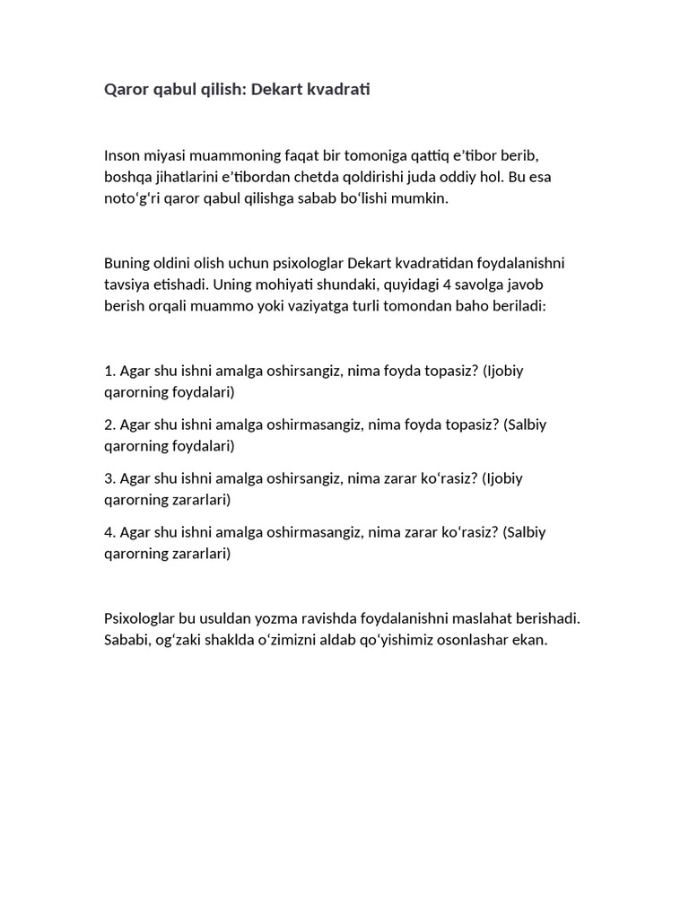 Dekart Kvadrati O Rinboyeva Mustaqil Ta Lim Pdf