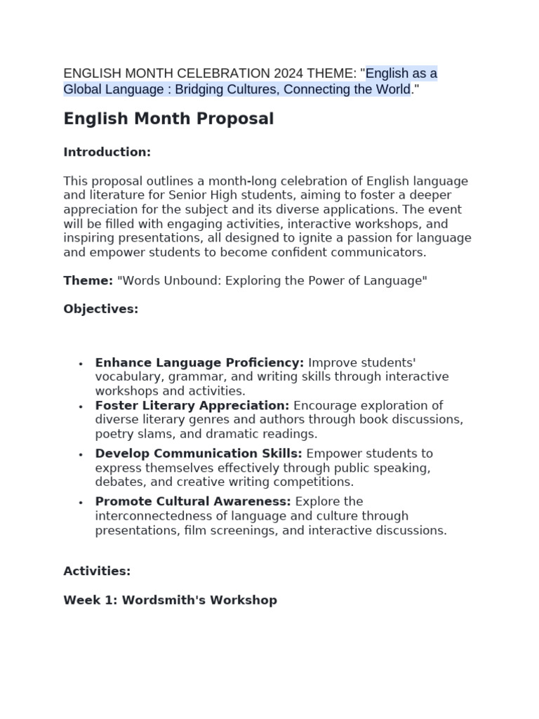 English Month Proposal | PDF | Poetry | Creative Writing