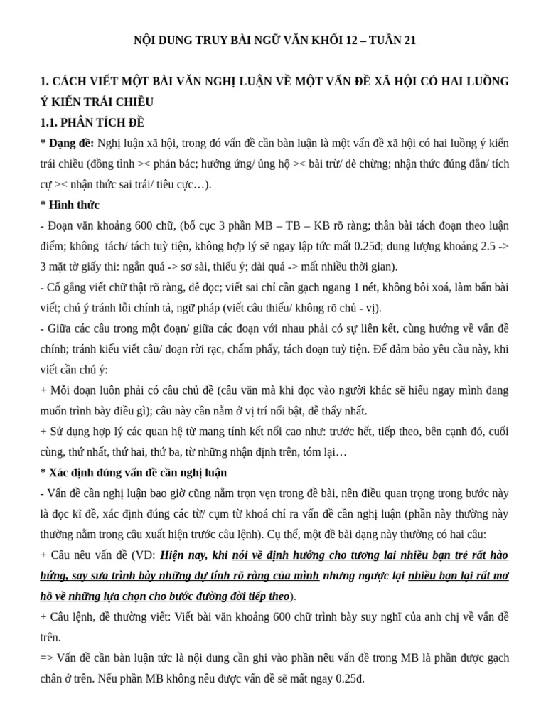 NỘI DUNG TRUY BÀI MÔN NGỮ VĂN K12 - TUẦN 21 | PDF