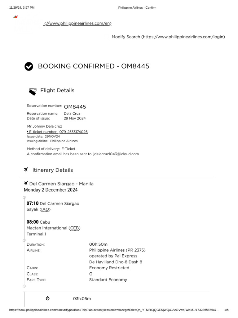 Philippine Airlines Booking Confirmation | PDF | Civil Aviation | Aviation