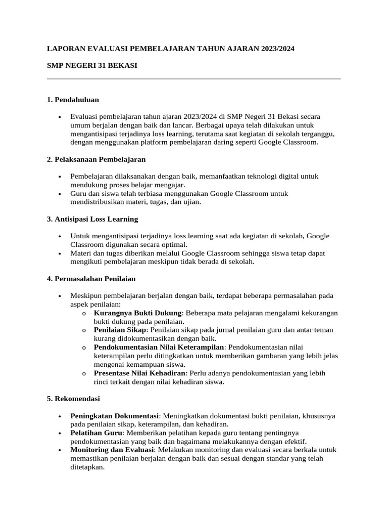 Laporan Evaluasi Pembelajaran Tahun Ajaran 2023 | PDF