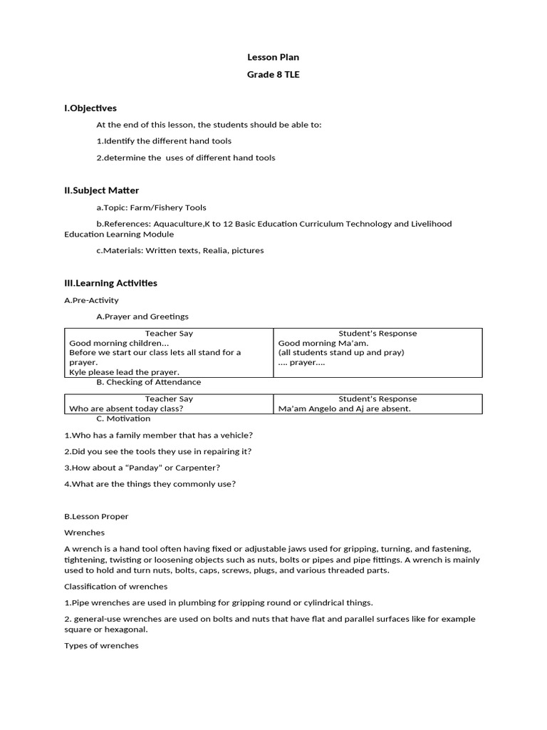 Lesson Plan 2 G8 TLE | PDF | Nut (Hardware) | Screw