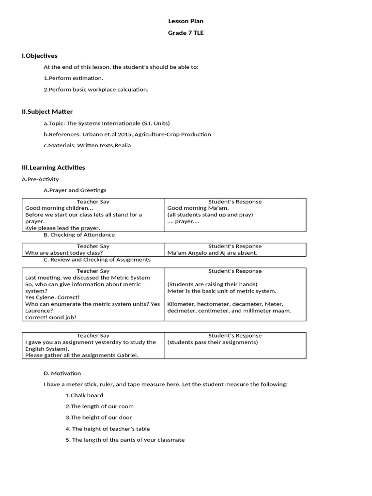 Lesson-Plan-2-G7-TLE | PDF | Foot (Unit) | Units Of Measurement