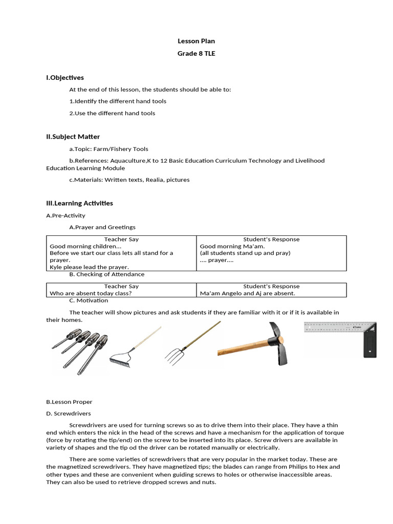 Lesson Plan 3 G8 TLE | PDF | Screw | Tools