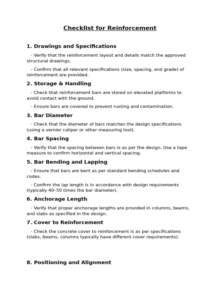 Checklist For Reinforcement | PDF | Beam (Structure) | Building Engineering